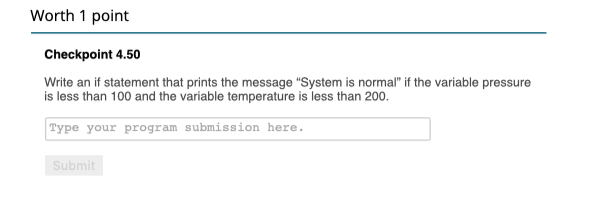 Solved Worth 1 point Checkpoint 4.72 Write a conditional | Chegg.com