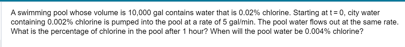 Solved A swimming pool whose volume is 10,000gal contains | Chegg.com