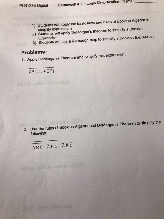Solved ELN133E Digital Homework 4.2- Logic Simplification | Chegg.com