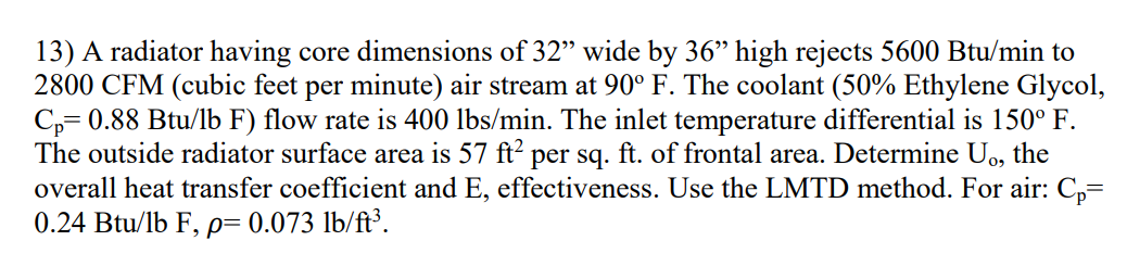 Solved 13) A radiator having core dimensions of 32" wide by | Chegg.com