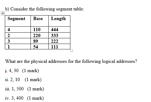 Solved b) Consider the following segment table: Segment Base | Chegg.com