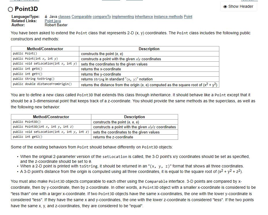 Solved Show Header O Point3D Language/Type: Java classes | Chegg.com