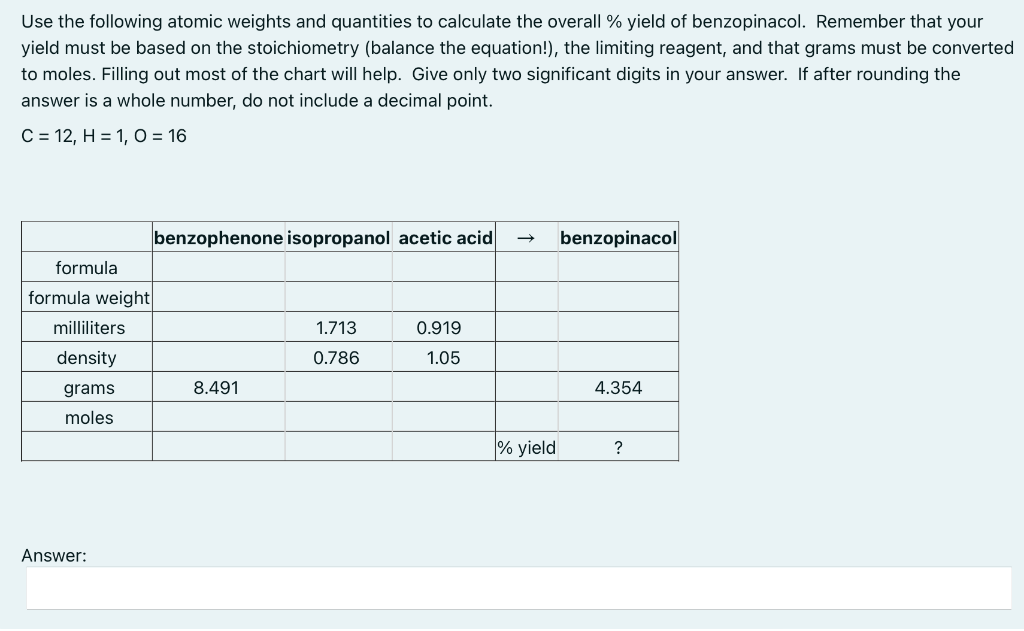 Solved Use the following atomic weights and quantities to | Chegg.com