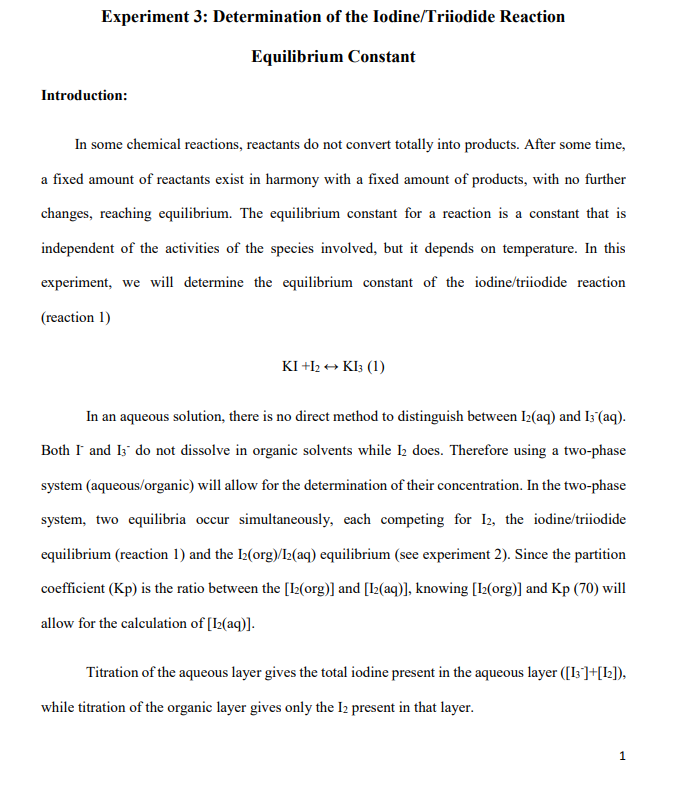 Solved Experiment 3: Determination of the Iodine/Triiodide | Chegg.com
