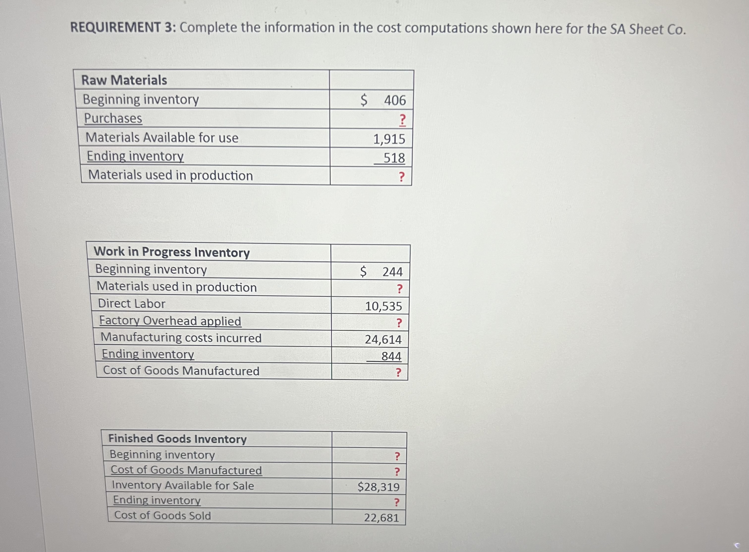 Solved REQUIREMENT 3: Complete the information in the cost | Chegg.com