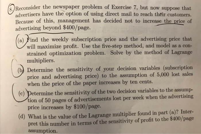 Reconsider the newspaper problem of Exercise 7, but | Chegg.com