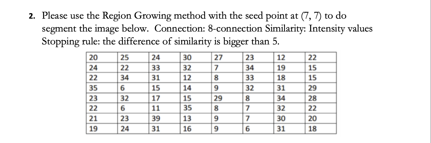 Solved 2. Please use the Region Growing method with the seed | Chegg.com