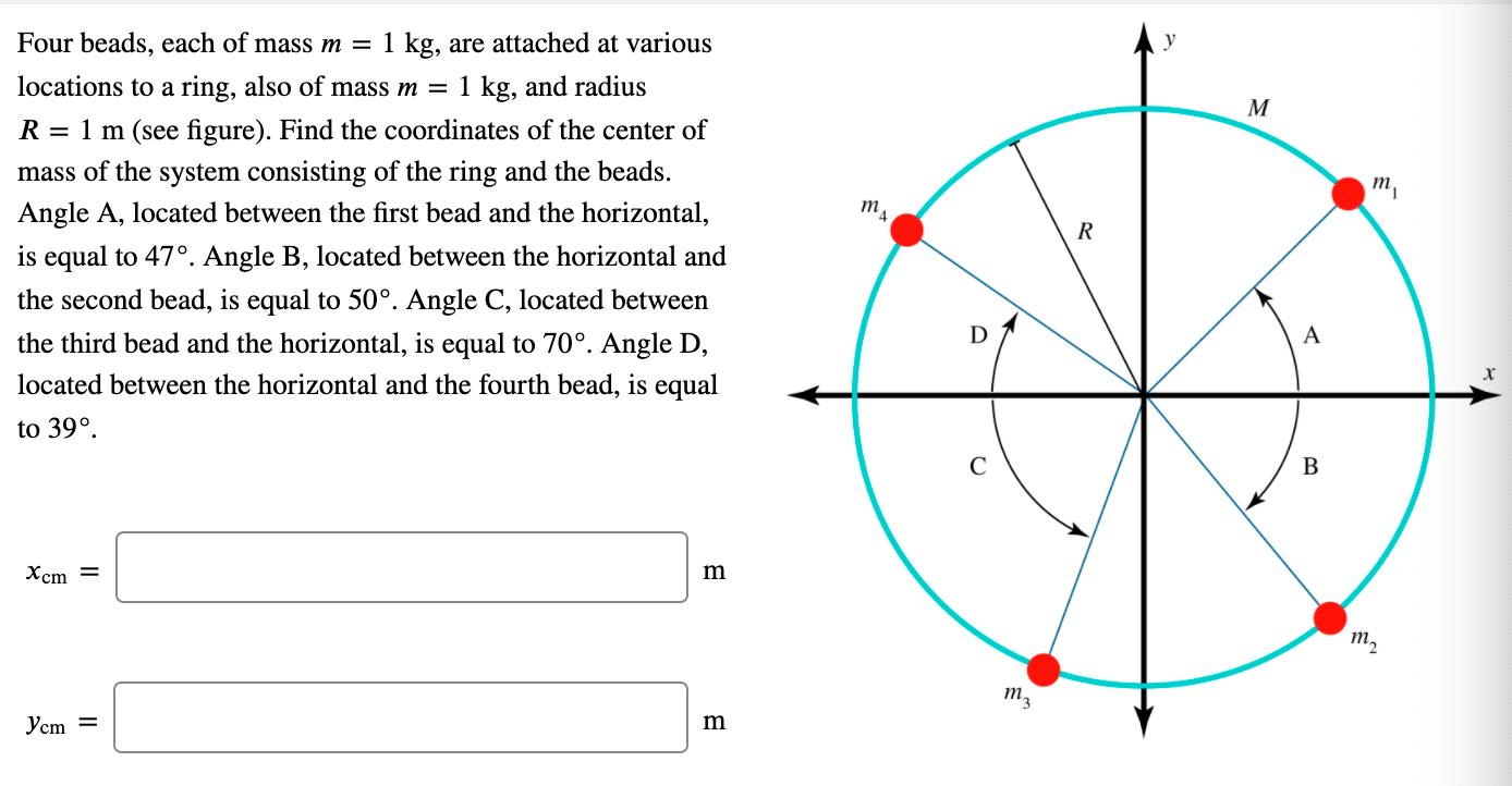 Solved M m m4 Four beads, each of mass m = 1 kg, are | Chegg.com