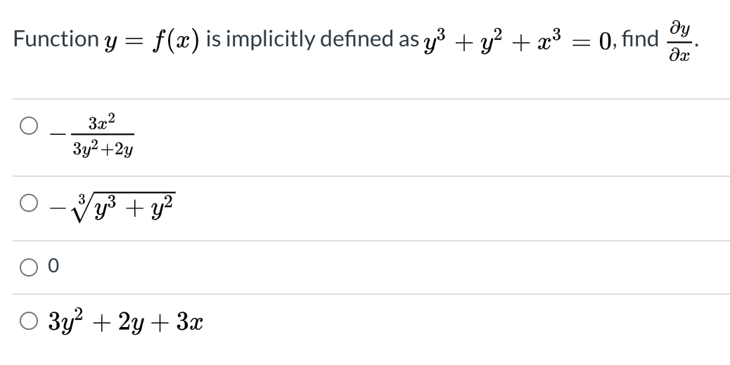 Solved Function y = f(x) is implicitly defined as y3 + y2 + | Chegg.com