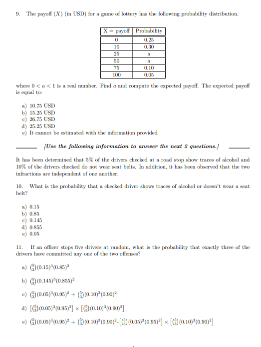 Solved 9. The payoff (X) (in USD) for a game of lottery has | Chegg.com