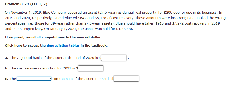 Solved Problem 8-29 (LO. 1, 2) On November 4, 2019, Blue | Chegg.com