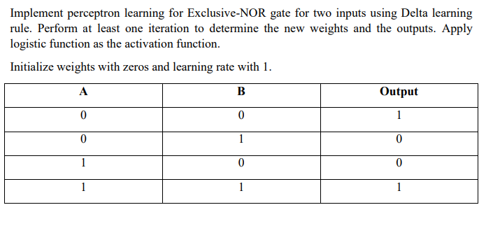 Solved Implement perceptron learning for Exclusive-NOR gate | Chegg.com