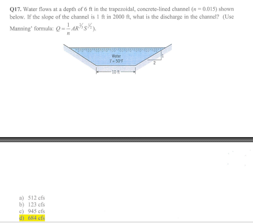 Solved 017. Water flows at a depth of 6 ft in the | Chegg.com