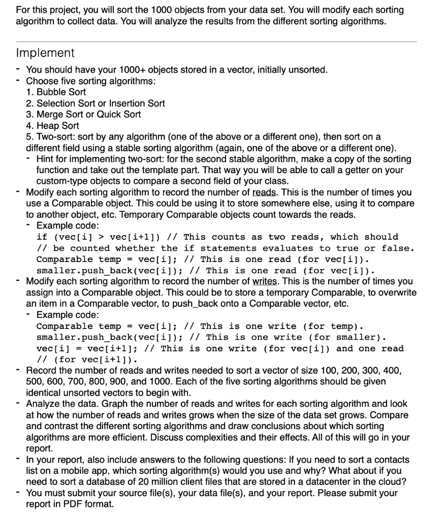 Solved For This Project You Will Sort The 1000 Objects From Chegg