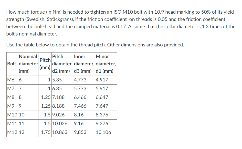 Solved How much torque (in Nm ) is needed to tighten an ISO | Chegg.com