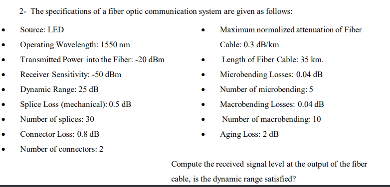 2- The specifications of a fiber optic communication | Chegg.com