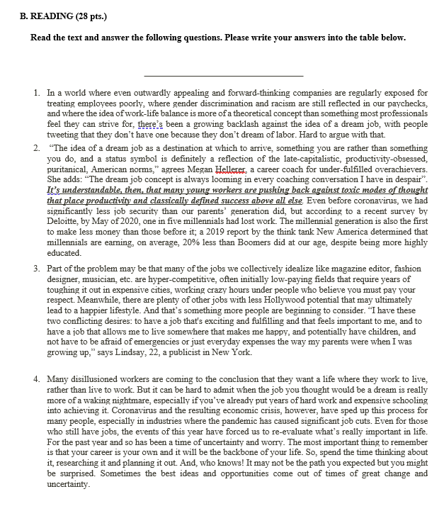 Solved B. READING (28 pts.) Read the text and answer the | Chegg.com