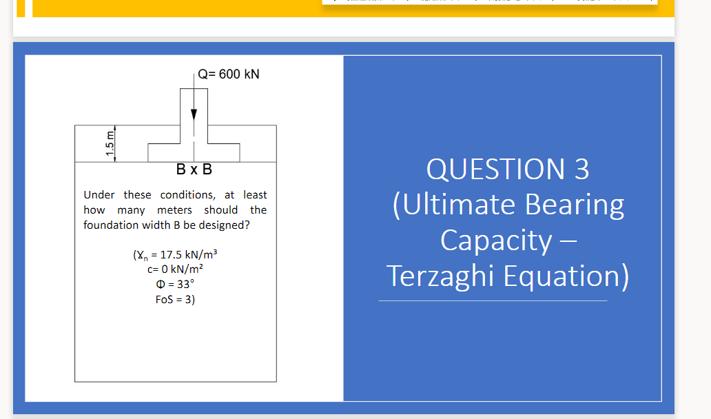 Solved QUESTION 3 (Ultimate Bearing Capacity - Terzaghi | Chegg.com
