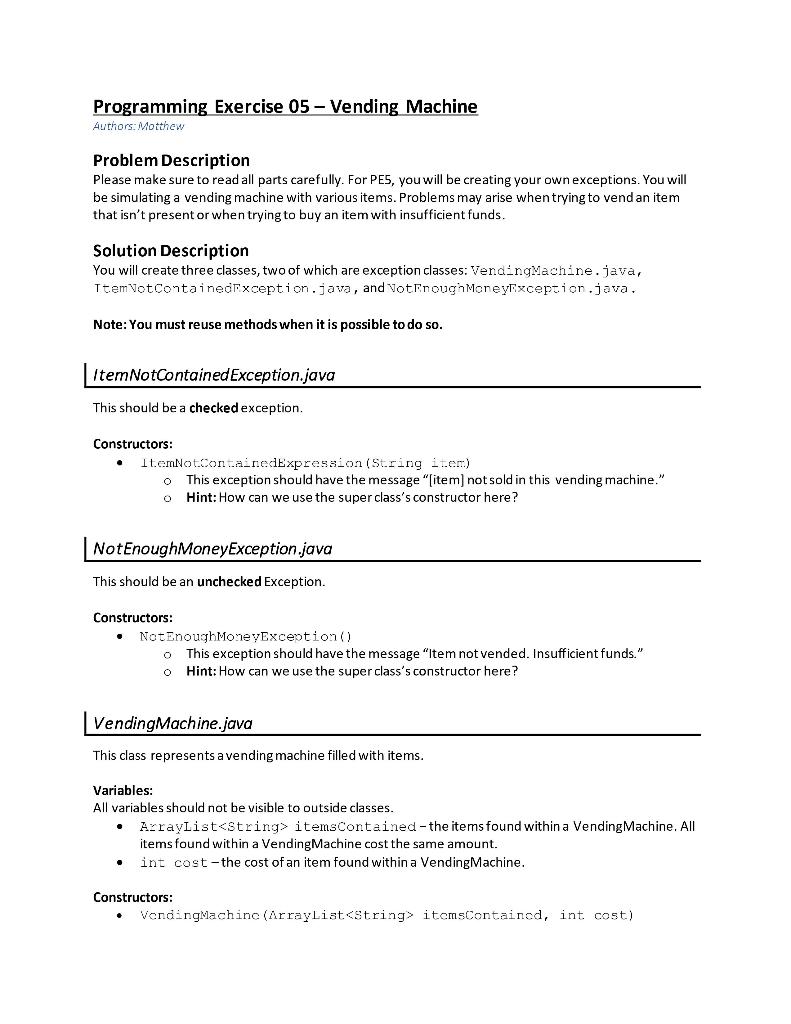 Solved Programming Exercise 05 - Vending Machine Authors: | Chegg.com