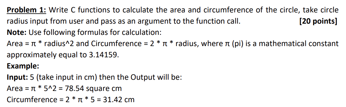 Solved Problem 1: Write C functions to calculate the area | Chegg.com