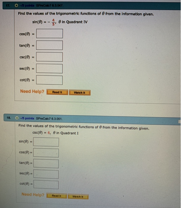 Solved 78.3 Find the values of the trigonometric functions | Chegg.com