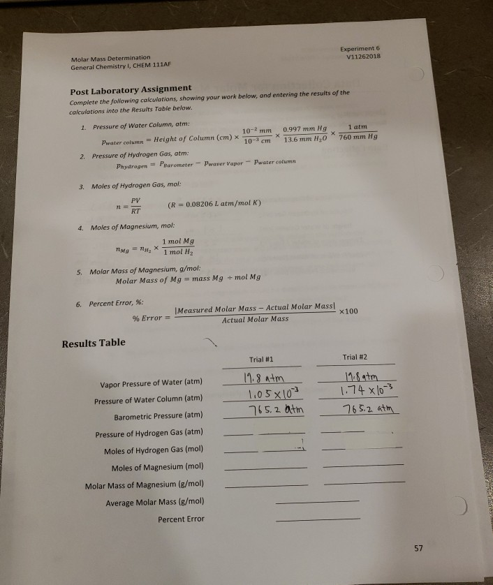 Molar Mass Determination General Chemistry I, CHEM | Chegg.com