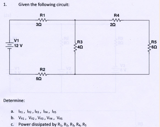 Solved 1. Given the following circuit: V1 — 12 V R2 W 50 | Chegg.com
