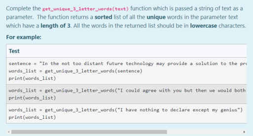 Solved Complete the get_unique_3_letter_words (text) | Chegg.com