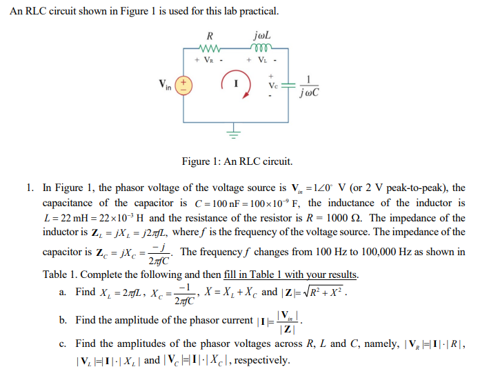 Solved An RLC circuit shown in Figure 1 is used for this lab | Chegg.com