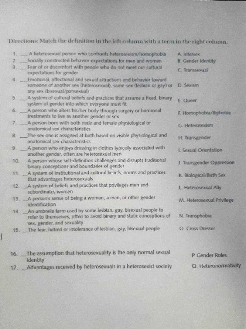 Directions: Match the definition in the left column | Chegg.com