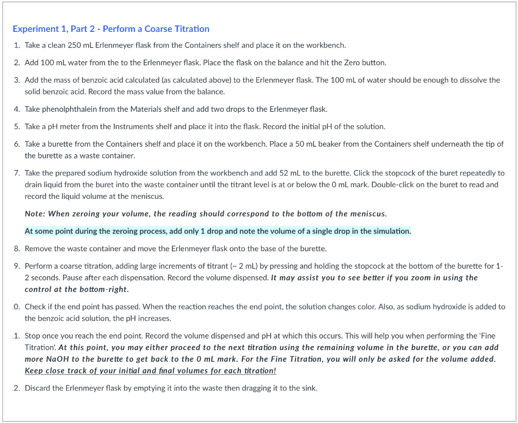 Experiment 1, Part 2 - Perform a Coarse Titration 1. | Chegg.com