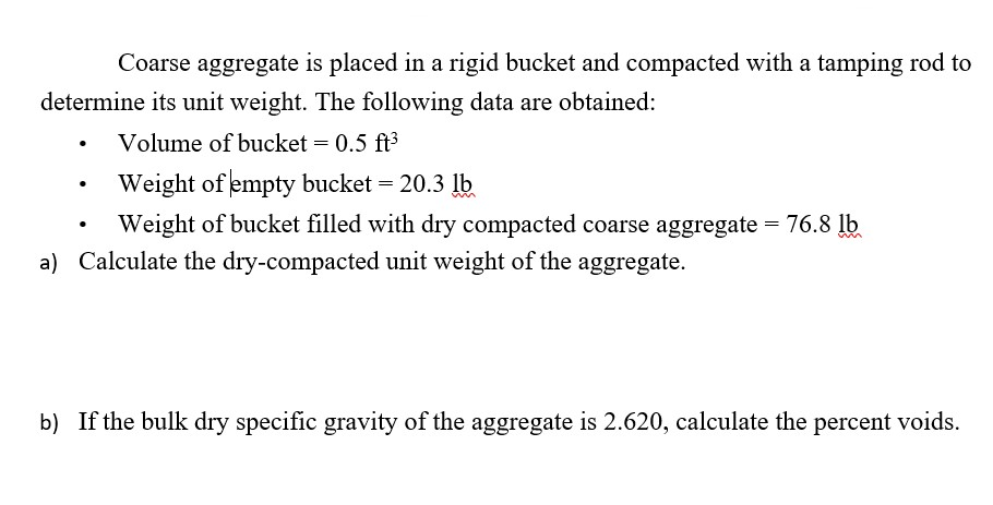 Solved Coarse aggregate is placed in a rigid bucket and | Chegg.com