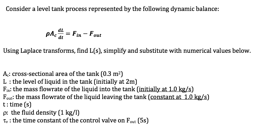 Solved Consider a level tank process represented by the | Chegg.com