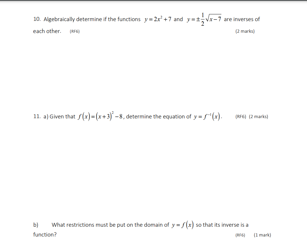 Solved 10. Algebraically determine if the functions y=2x2+7 | Chegg.com