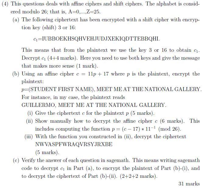 Solved (4) This questions deals with affine ciphers and | Chegg.com