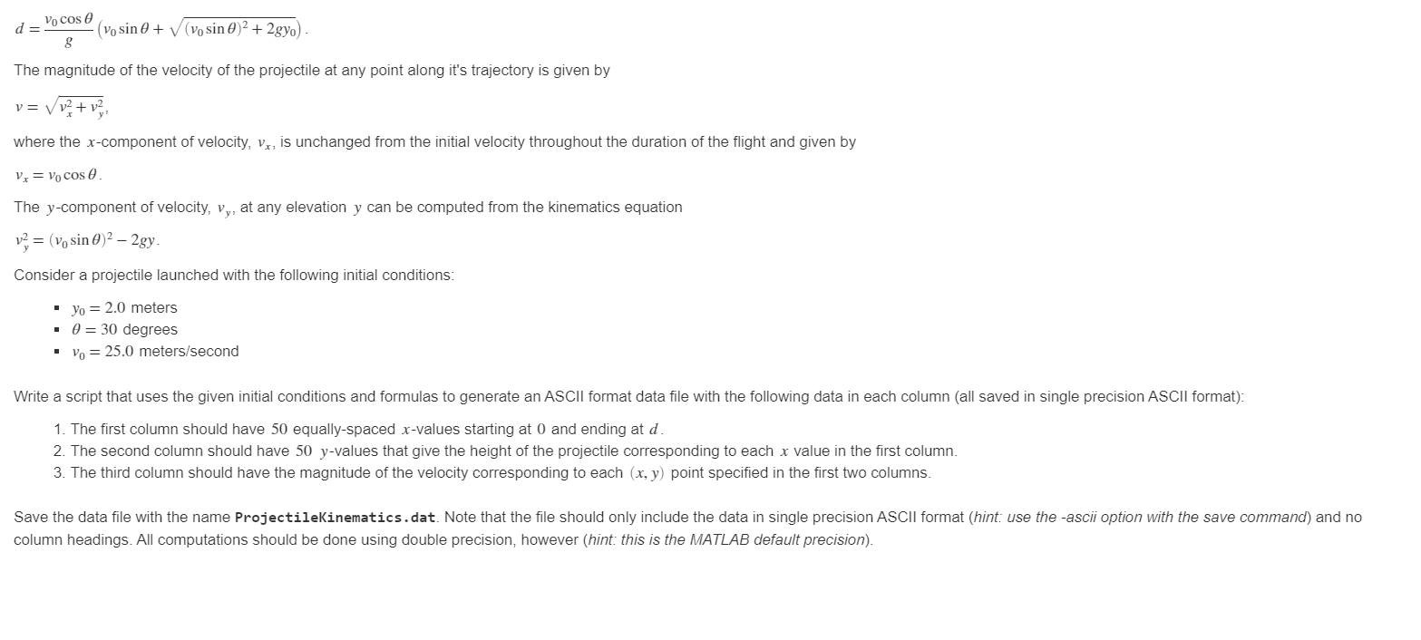 Solved Projectile Kinematics File (matrix creation from | Chegg.com