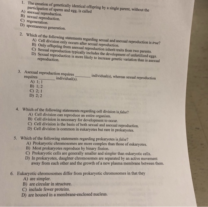 Solved 1. The creation of genetically identical offspring by | Chegg.com