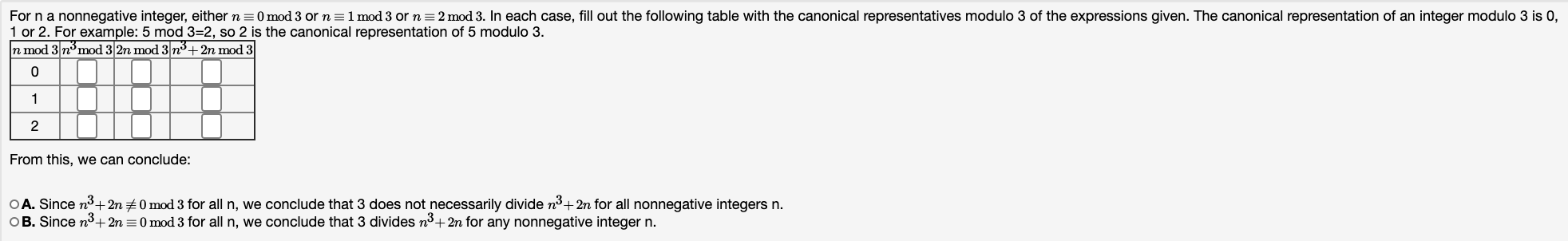 Solved For n a nonnegative integer, either n = 0 mod 3 or | Chegg.com