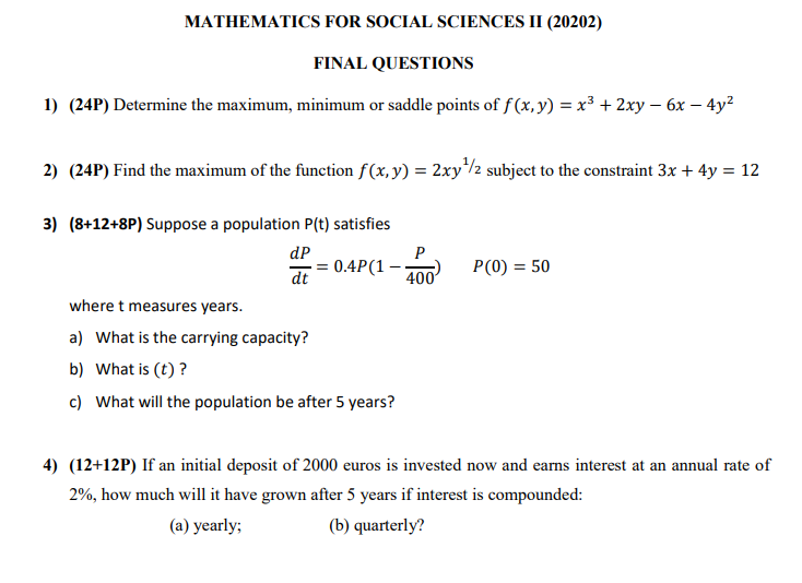 Solved MATHEMATICS FOR SOCIAL SCIENCES II (20202) FINAL | Chegg.com