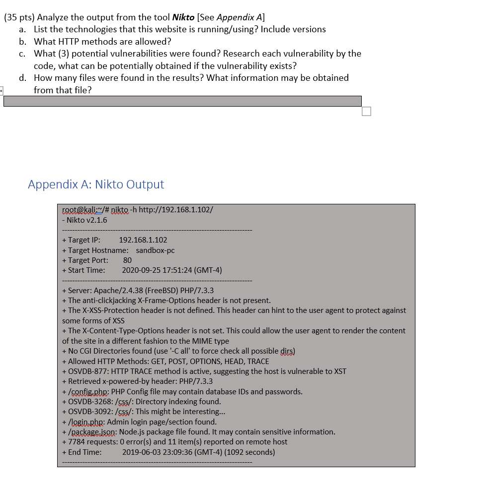 Solved (35 pts) Analyze the output from the tool Nikto (See | Chegg.com
