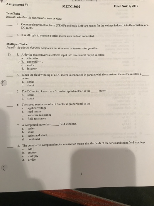 Solved Assignment #4 METG 3002 Due: Nov 1,2017 True/False | Chegg.com