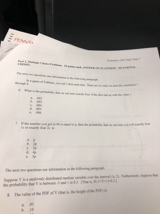 Solved PENN ST Part 2, Multiple Choice Problems. 10 points | Chegg.com