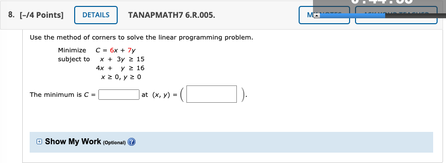 Solved Use the method of corners to solve the linear | Chegg.com