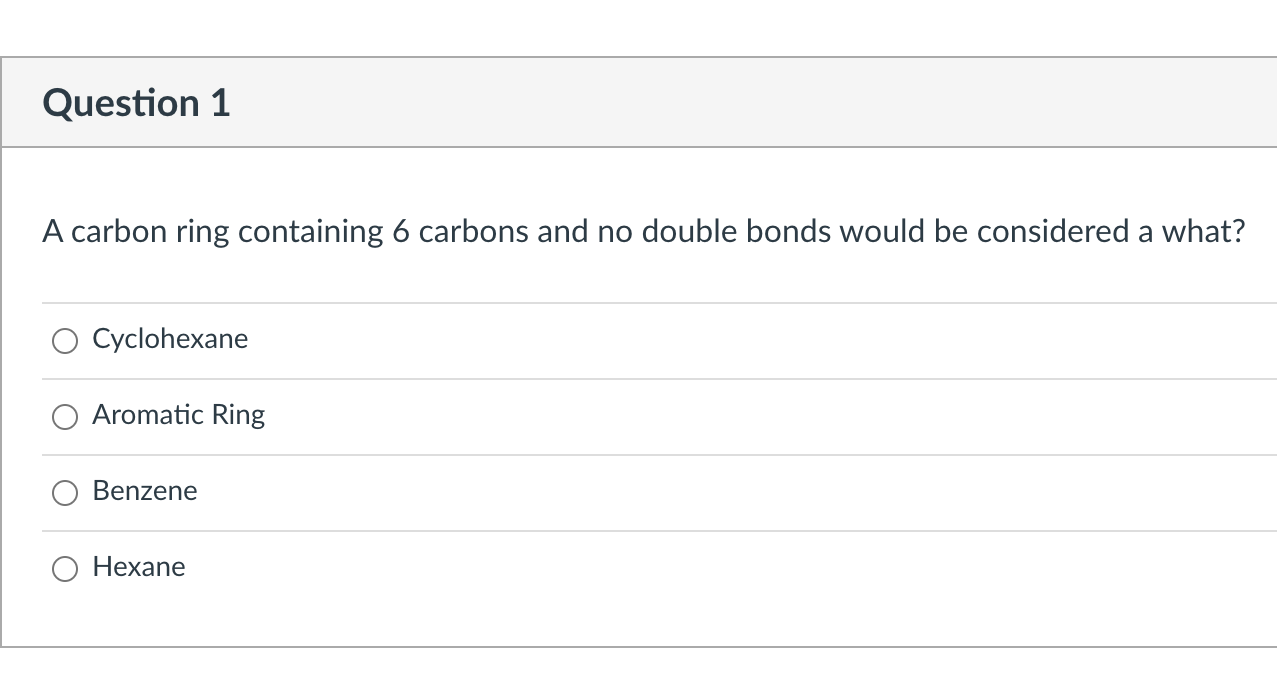 Solved Question 1 A carbon ring containing 6 carbons and no | Chegg.com