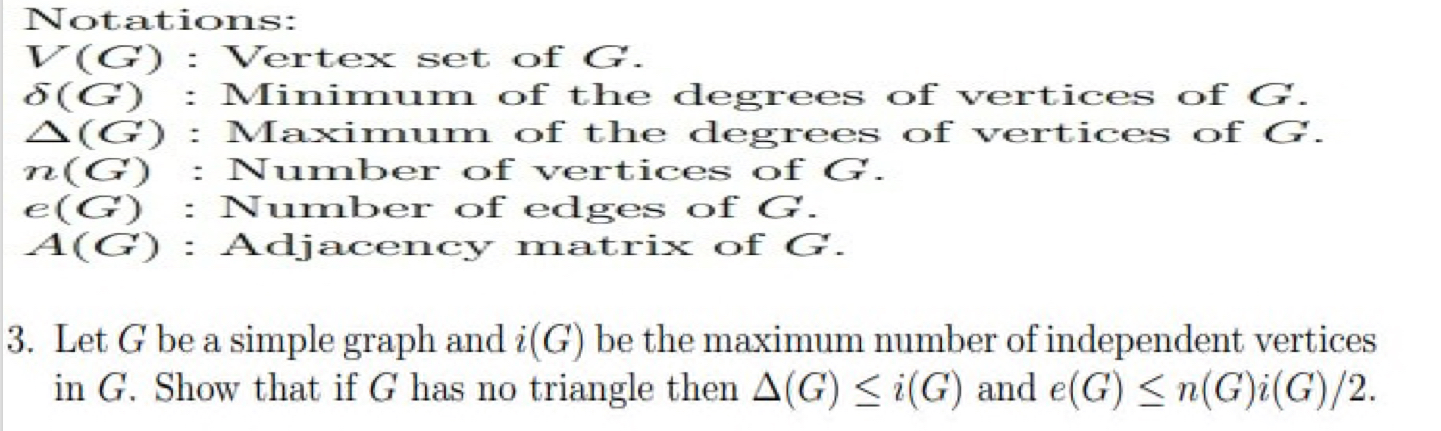 Solved Notations:V(G) ﻿: Vertex set of G.δ(G) ﻿: Minimum of | Chegg.com