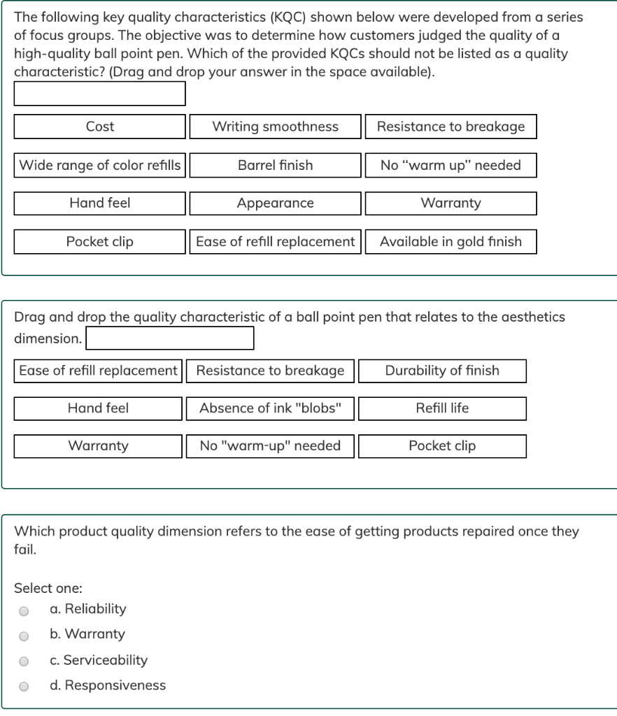 Solved The following key quality characteristics (KQC) shown | Chegg.com