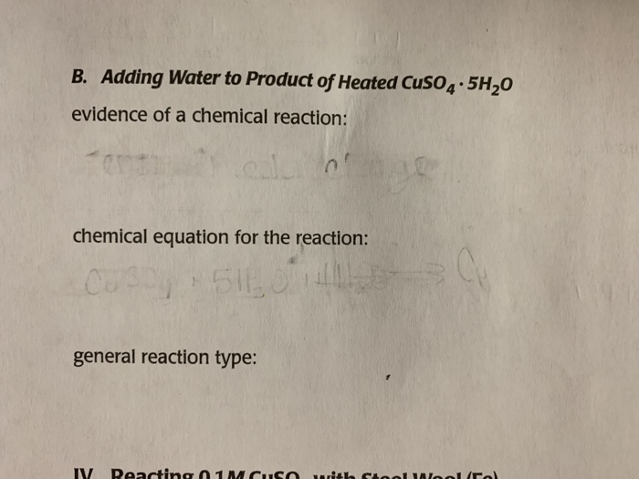 Solved B. Adding Water to Product of Heated Cuso4 .5H20 | Chegg.com