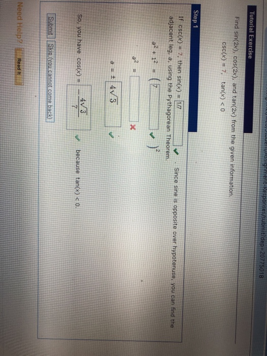 Solved Tutorial Exercise Find sin(2), cos(2x), and tan(2x) | Chegg.com