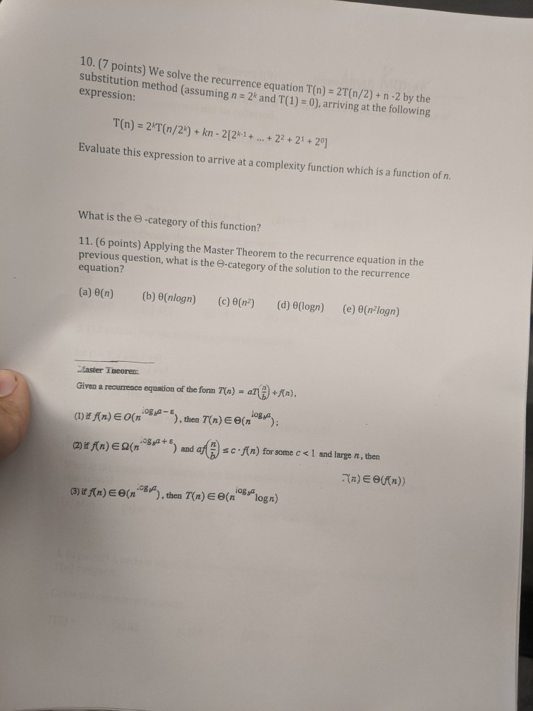 Solved 10. points) We solve the recurrence equation T(n) = | Chegg.com
