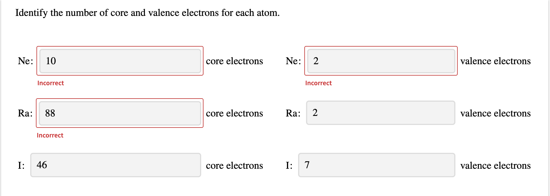 Solved Identify the number of core and valence electrons for | Chegg.com